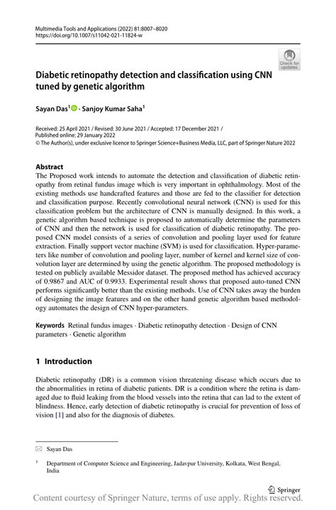 Diabetic Retinopathy Detection And Classification Using Cnn Tuned By Genetic Algorithm Request Pdf