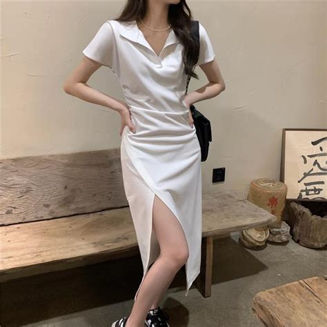슬림핏 트임 카라 반팔 원피스 미디 드레스 무지 반오픈 브이넥 봄 여름 30대 40대 여성 여자 레이디 결혼식 피로연 하객룩