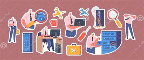 Set Of Stickers System Administrator Working Routine Sysadmin Work On Computer Doing Technical