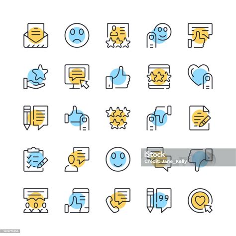 고객 피드백 라인 아이콘 유사한 아이콘 세트입니다 검정 파랑 및 노랑 색상 현대 선형 개요 그래픽 디자인 벡터 선 아이콘 세트