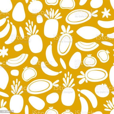과일과 열매 벡터 매끄러운 패턴의 실루엣 만화 흑백 열대 과일 벽지 건강한 여름 음식 노란색 흰색 배경 구아바에 대한 스톡 벡터 아트 및 기타 이미지 Istock