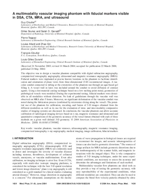 Pdf A Multimodality Vascular Imaging Phantom With Fiducial Markers Visible In Dsa Cta Mra