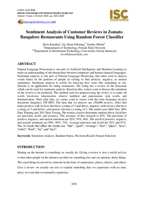 pdf sentiment analysis of customer reviews in zomato bangalore