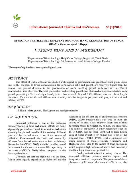 Pdf Effect Of Textile Mill Effluent On Growth And Germination Of Black Gram Vigna Mungo L