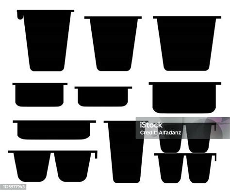 검은 실루엣 요구르트 컨테이너의 집합입니다 요구르트와 무스에 대 한 서식 파일 포장입니다 플라스틱 냄비입니다 흰색 배경에 고립 된 평면 벡터 일러스트 레이 션 0명에 대한