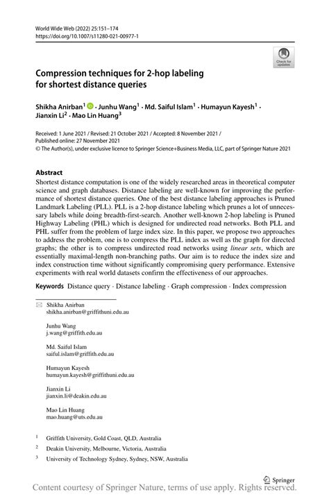 compression techniques for 2 hop labeling for shortest distance queries