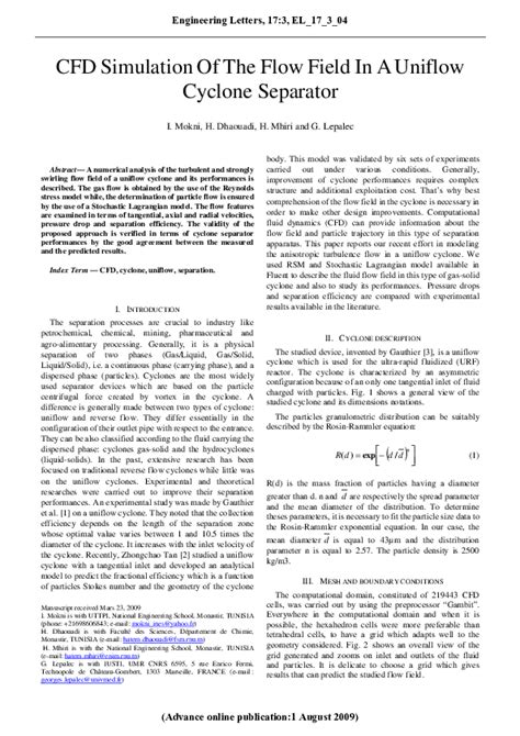 Pdf Cfd Simulation Of The Flow Field In A Uniflow Cyclone Separator