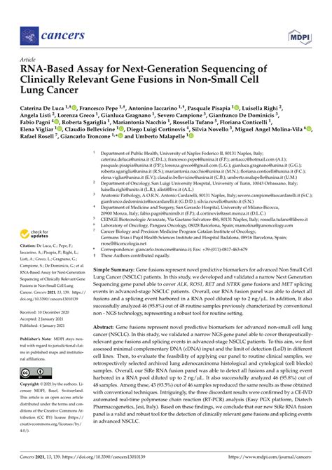 Pdf Rna Based Assay For Next Generation Sequencing Of Clinically Relevant Gene Fusions In Non