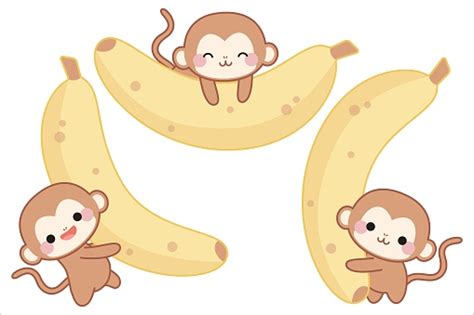 바나나와 다른 감정을 가진 카와이 스타일의 귀여운 원숭이 세트 3가지 개체에 대한 스톡 벡터 아트 및 기타 이미지 3가지 개체 개체 그룹 건강한 식생활 Istock