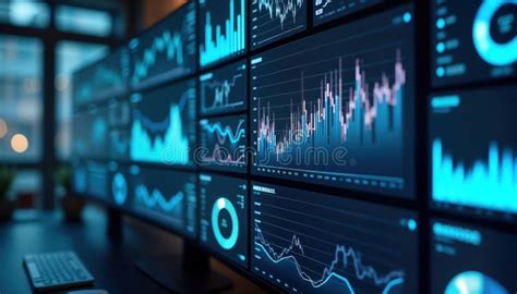 Modern Tech Dashboard Displays Various Financial Data. Screens Show Graphs, Charts Representing ...