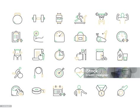 피트니스 및 운동 관련 벡터 얇은 선 아이콘 윤곽선 기호 모음 건강한 생활방식에 대한 스톡 벡터 아트 및 기타 이미지 건강한