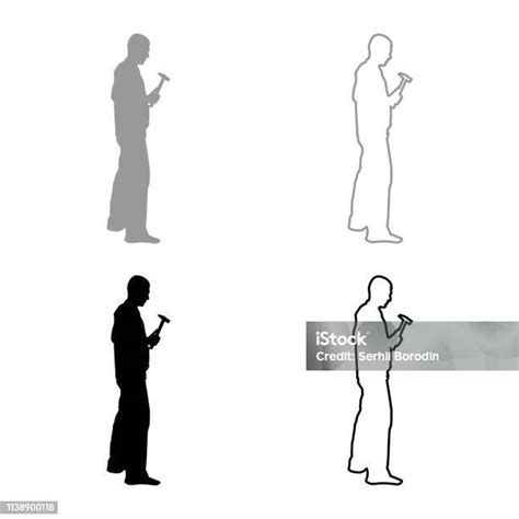 그의 손에 도구와 함께 바지에 수리 맨 마스터 남자 해머 아이콘 세트 회색 검은 색 그림 개요 평면 스타일 간단한 이미지 Diy