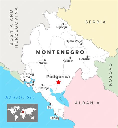 지역과 수도의 경계가 있는 몬테네그로 3d 지도 프리미엄 벡터