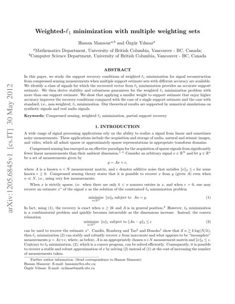 Pdf Weighted L1 Minimization With Multiple Weighting Sets