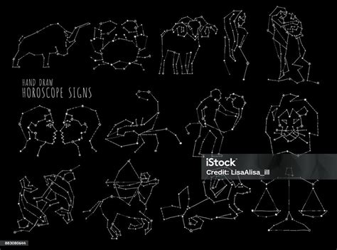 손 그리기 별자리 별자리 스타일 라인에서 모든 조디악 표지판 기호 고 검은 배경에 별 조디악 기호의 컬렉션 13 개의 별 별자리를 설정합니다 12에 대한 스톡 벡터 아트 및