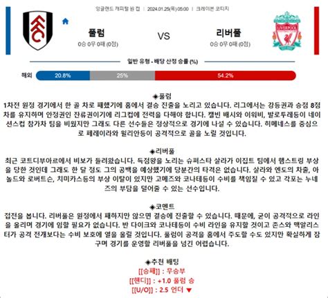 1월 25일 잉리그컵 풀럼 리버풀 축구자료 라이브스코어 라이브맨 실시간 라이브스코어 토토사이트 추천 꽁머니 먹튀검증 커뮤니티 안전놀이터 추천 배당흐름 분석 예상