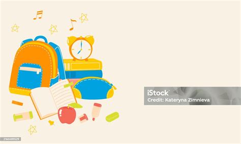 빈 공간과 학용품 배낭 책 책 알람 시계 연필 상자 통치자 마커의 밝은 다채로운 그림과 함께 학교 배경으로 돌아 가기 게시물