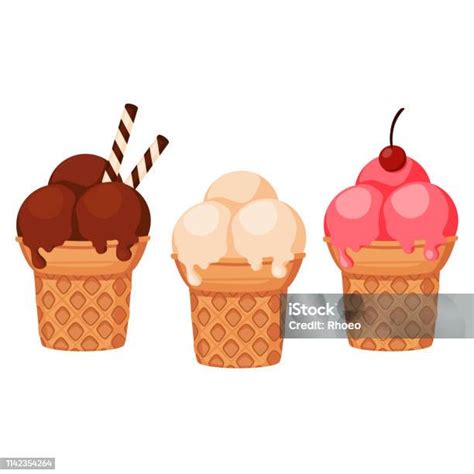 와플 그릇에 다채로운 아이스크림 공 세트입니다 벡터 일러스트입니다 보울에 대한 스톡 벡터 아트 및 기타 이미지 보울 3가지 개체 아이스크림 콘 Istock