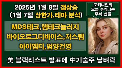 2025년 1월 8일 갭상승과 1월 7일 상한가 종목케이엔솔워트삼성공조한화엔진녹십자엠에스한국첨단소재mds테크램테크놀러지바이오로그디바이스저스템아이엠티범양