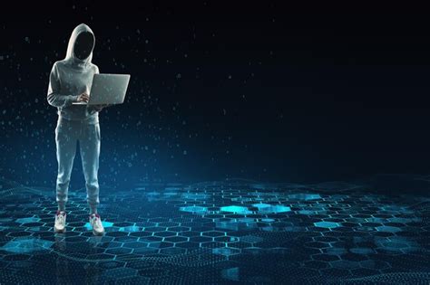 premium photo hacker with laptop and mock up place with creative blue