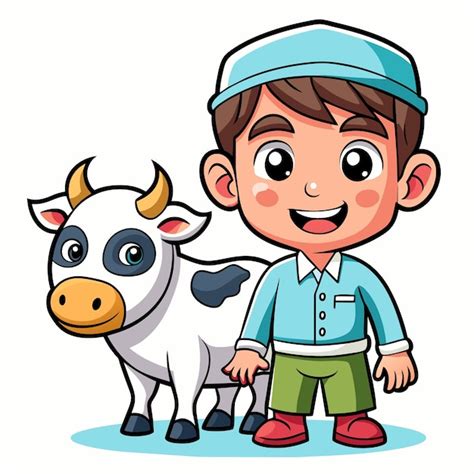 Улыбающийся мусульманский мальчик с коровой на Ид Карикатурный векторный рисунок Премиум Ai