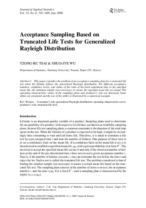 Pdf Acceptance Sampling Based On Truncated Life Tests For Generalized Rayleigh Distribution