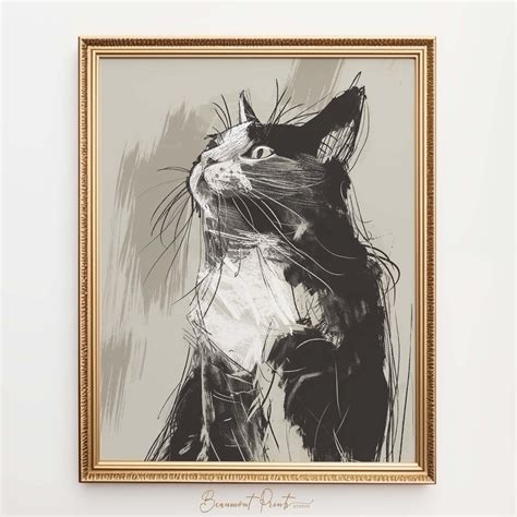 Majestic Tuxedo Cat Sketch Digital Print Pencil Drawing Art Instant