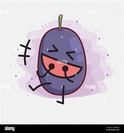 Vector Illustration Of Java Plum Fruit Character With Cute Face Simple Hands And Leg Line Art