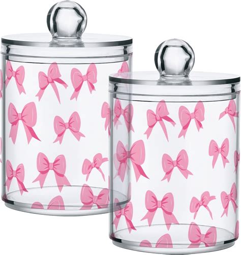 Pink Bow Bathroom Canister Set Of 2 Qtip Holder Clear