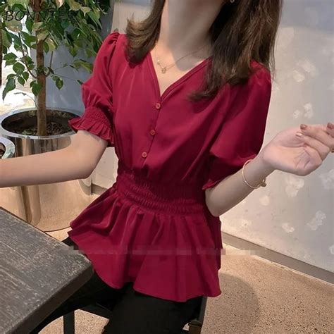 여성용 레트로 우아한 시폰 블라우스 신축성 허리 셔츠 우아한 V 넥 올 매치 레저 여성 의류 트렌디 여름블라우스