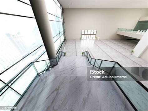 계단이 내려가고 큰 창문을 통해 도시를 볼 수있는 빈 현대적인 건물 로비 내부 3d 렌더링 일러스트레이션 0명에 대한 스톡 사진 및 기타 이미지 Istock