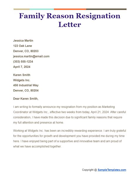 Resignation Letter For Personal Reasons Template