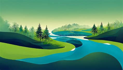 Digital Simple Abstract Illustration Of A Beautiful Green River Forest