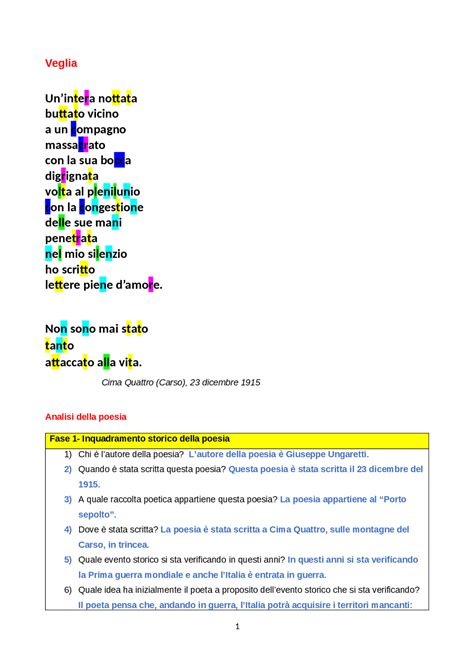 Analisi Del Testo Veglia Di Ungaretti Esercizi Di Italiano Docsity