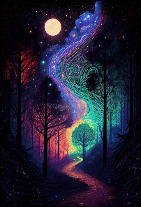 Paths Of Color A Journey Through The Forest At Night Stock Illustration Illustration Of Young