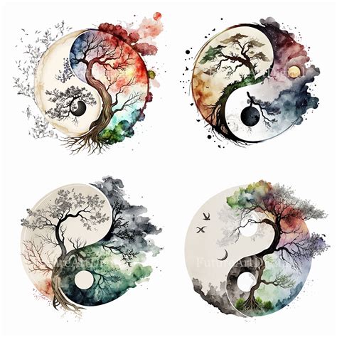 Watercolor Yin Yang Sign With The Tree Of Life Sublimation PNG Yin Yang Sign Digital Clipart