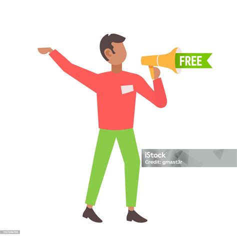 스피커 아프리카계 미국인 아나운서 소리 확성기 특별 행사 할인 발표 개념 남성 만화 캐릭터 전체 길이 플랫 격리를 들고 남자