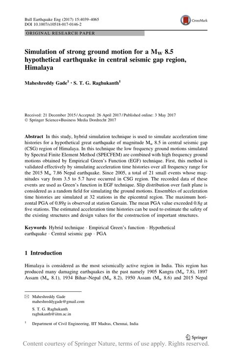 Simulation Of Strong Ground Motion For A Mw 8 5 Hypothetical Earthquake In Central Seismic Gap