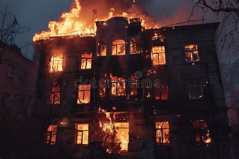 Burning Building Engulfed In Flames At Night Stock Image Image Of