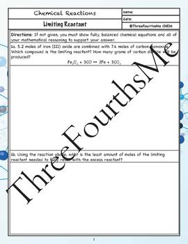Limiting Reactant Classwork Homework By ThreeFourthsMe TPT