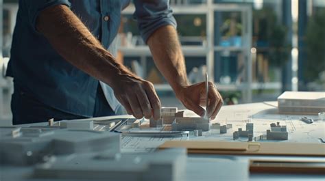 An Architects Hands Skillfully Manipulate A Miniature Model Of A City Layout On A Cluttered Work
