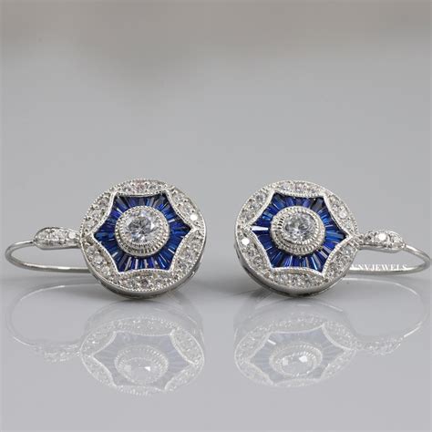 Vintage Antique Art Deco Earrings Milgrain Earrings Round And Blue