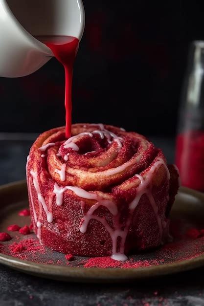 Premium Ai Image A Red Velvet Cinnamon Roll Being Poured Over A Plate