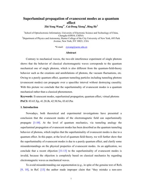 Pdf Superluminal Propagation Of Evanescent Modes As A Quantum Effect