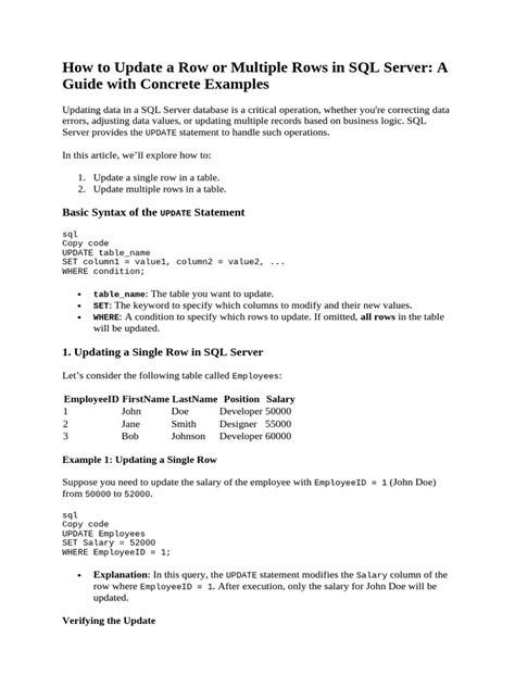 How To Update A Row Or Multiple Rows In Sql Server Pdf