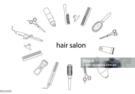 중앙에 복사 공간이있는 미용 도구 프레임 액세서리 헤어 드라이어 빗 가위에서 헤어 살롱에 대한 템플릿 로고 윤곽선 현대 스타일의