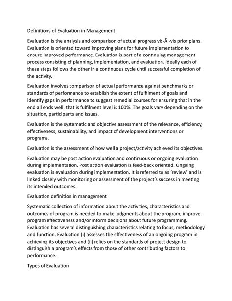 Evaluation In Management Definitions Of Evaluation In Management Evaluation Is The Analysis
