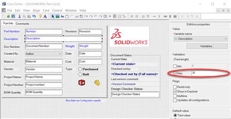 solidworks pdm set description character limit