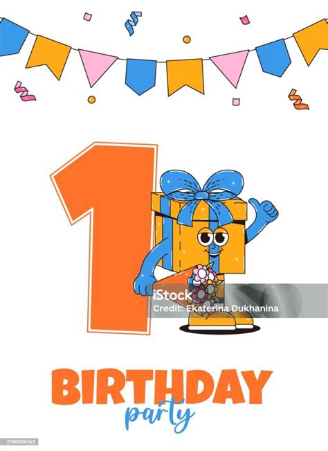 복고풍 그루비 스타일의 첫 번째 생일 축하 파티 초대장 펑키한 워킹 캐릭터와 넘버 1 빈티지 마스코트 사이키델릭 스마일 벡터 일러스트 레이 션 1위에 대한 스톡 벡터 아트
