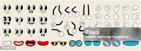 70 년대 그루비 만화 벡터의 집합입니다 다양한 감정 손 장갑 안경 신발의 만화 캐릭터 얼굴 모음 귀여운 복고풍 그루비 히피 그림 장식 스티커 다리 신체 부분에 대한 스톡